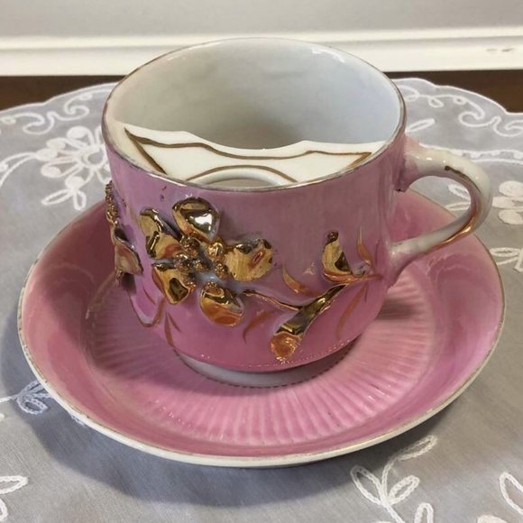 Accents | Pink Lustreware Gilded Mustache Cup And Saucer | Poshmark